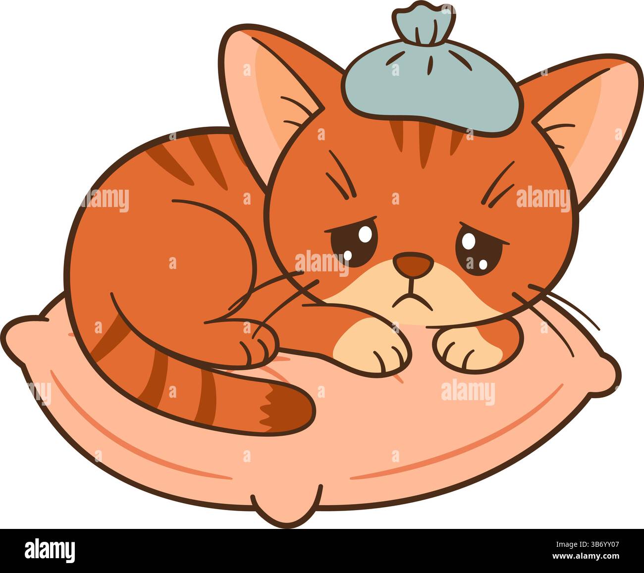 Sad and sick kitten with compress on the head. Cute ginger tabby with with fever. Chibi Flat ...