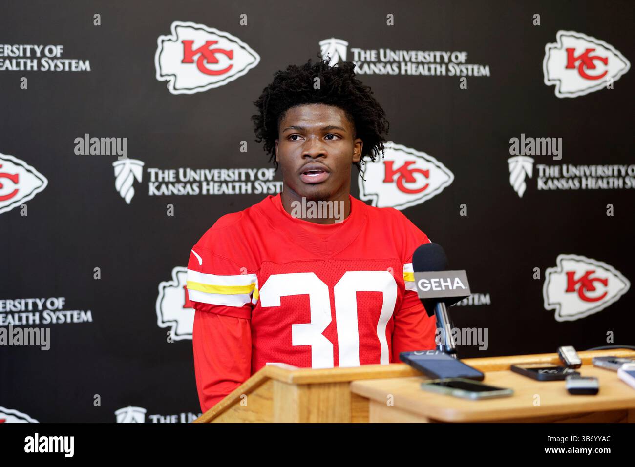 Kansas City Chiefs running back Brashard Smith talks with the media ...