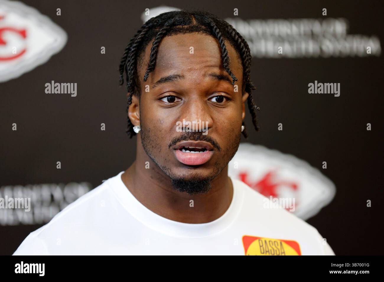 Kansas City Chiefs linebacker Jeff Bassa talks with the media prior to ...