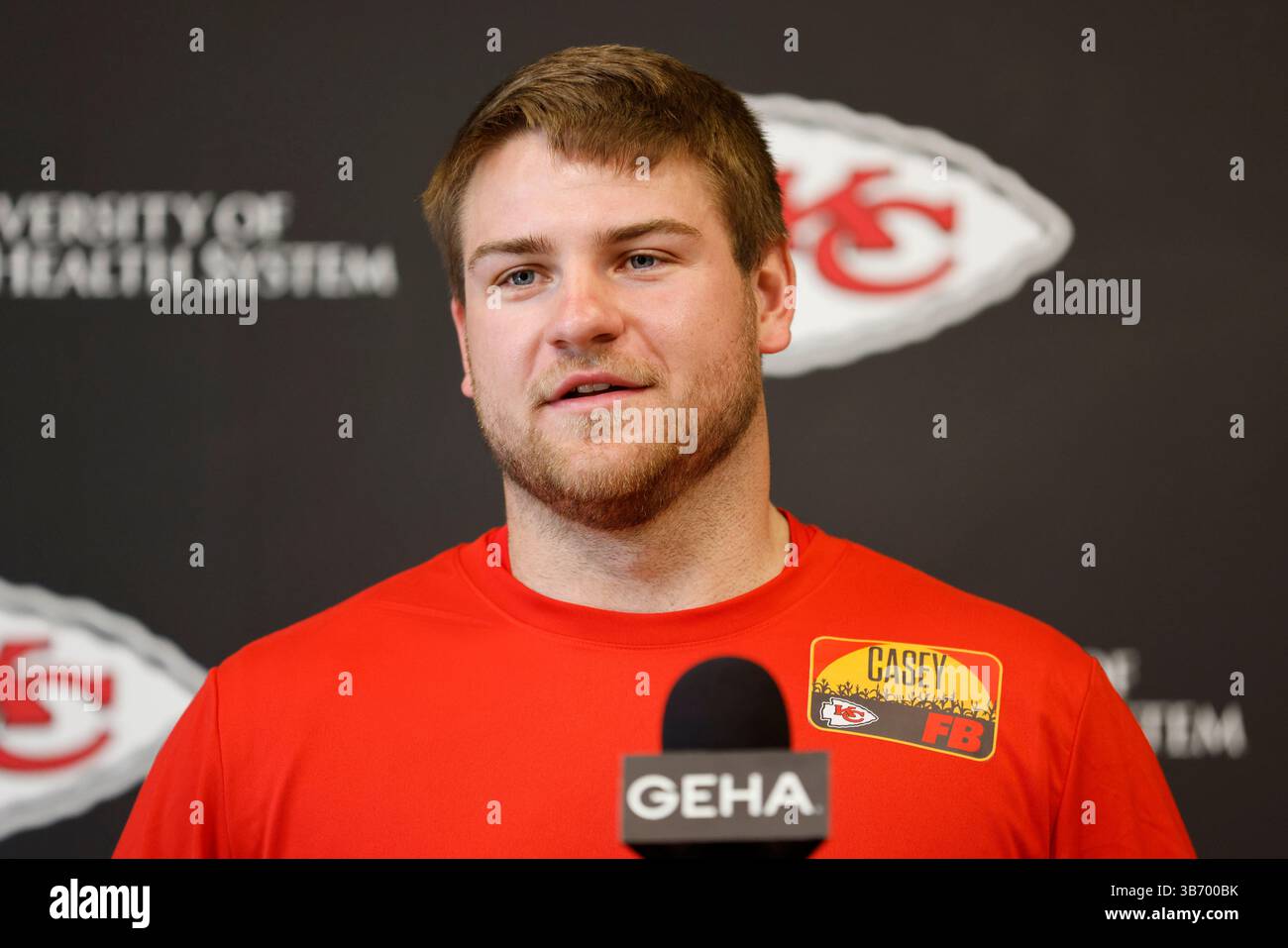 Kansas City Chiefs tight end Jared Casey talks with the media prior to ...