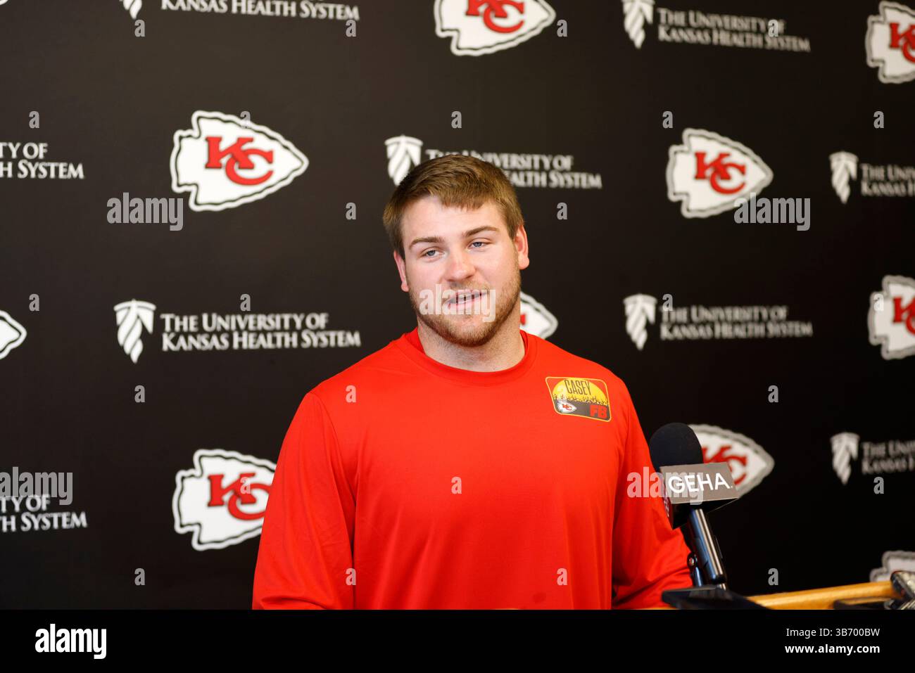 Kansas City Chiefs tight end Jared Casey talks with the media prior to ...
