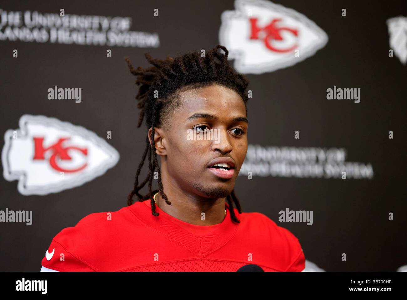 Kansas City Chiefs wide receiver Elijahah Badger talks with the media ...