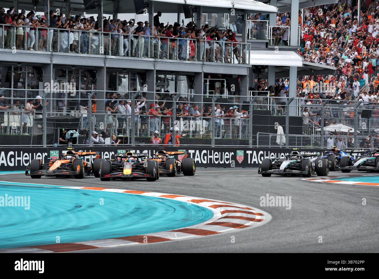 Miami, USA. 04th May, 2025. Max Verstappen (NLD) Red Bull Racing RB21 runs Lando Norris (GBR ...