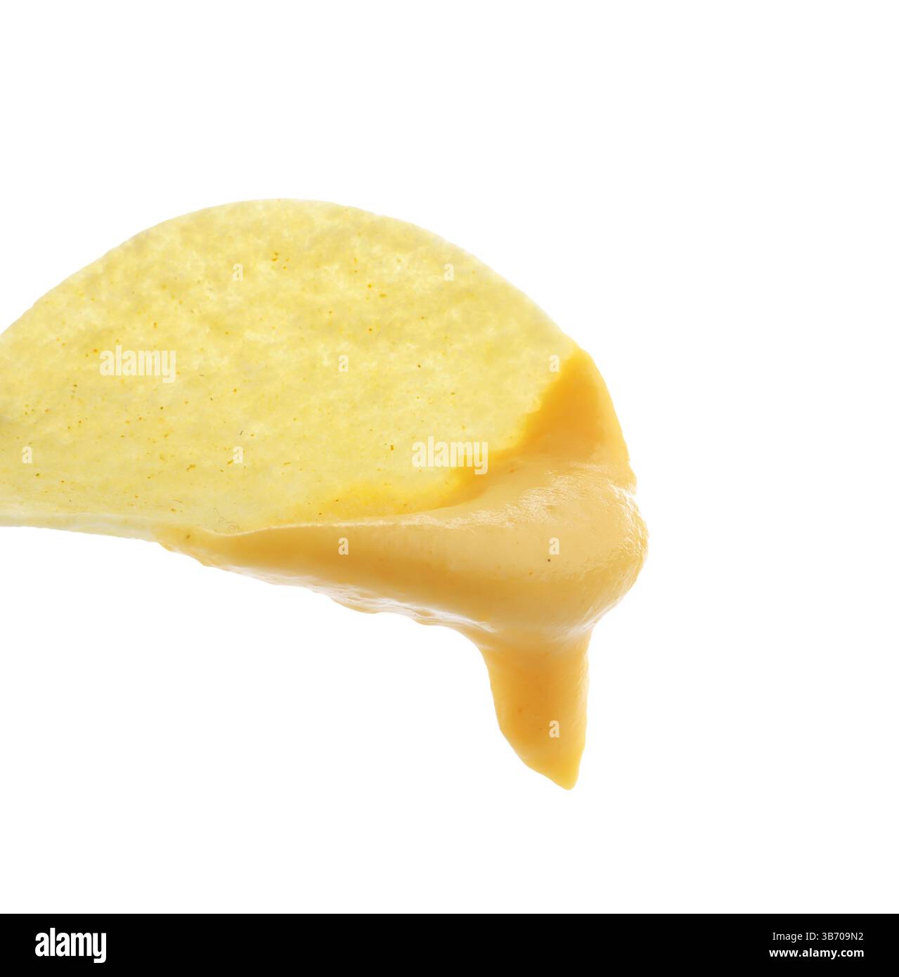 Melted cheese flowing from potato chip on white background Stock Photo ...