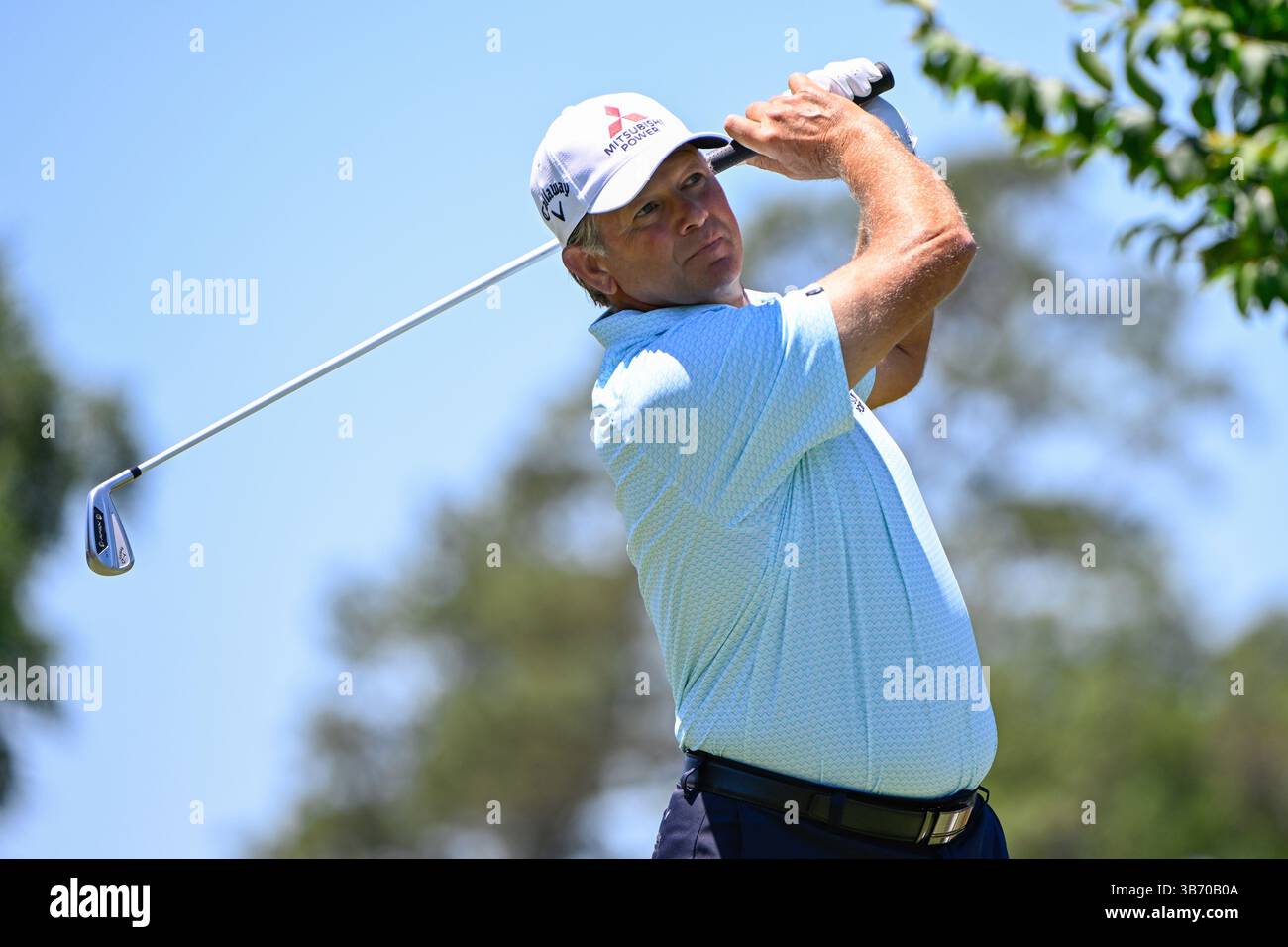 THE WOODLANDS, TX - MAY 04: Retief Goosen watches his tee shot on 2 ...