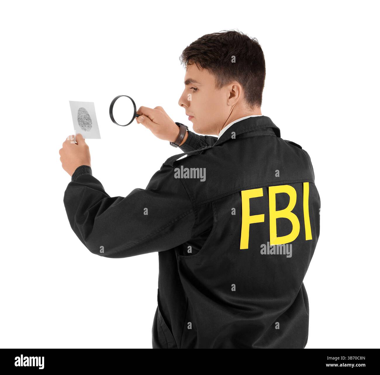 Male FBI agent studying fingerprint on white background, back view Stock Photo - Alamy