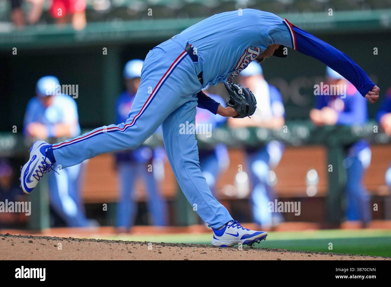 Texas Rangers pitcher Luke Jackson throws a pitch to the Seattle ...