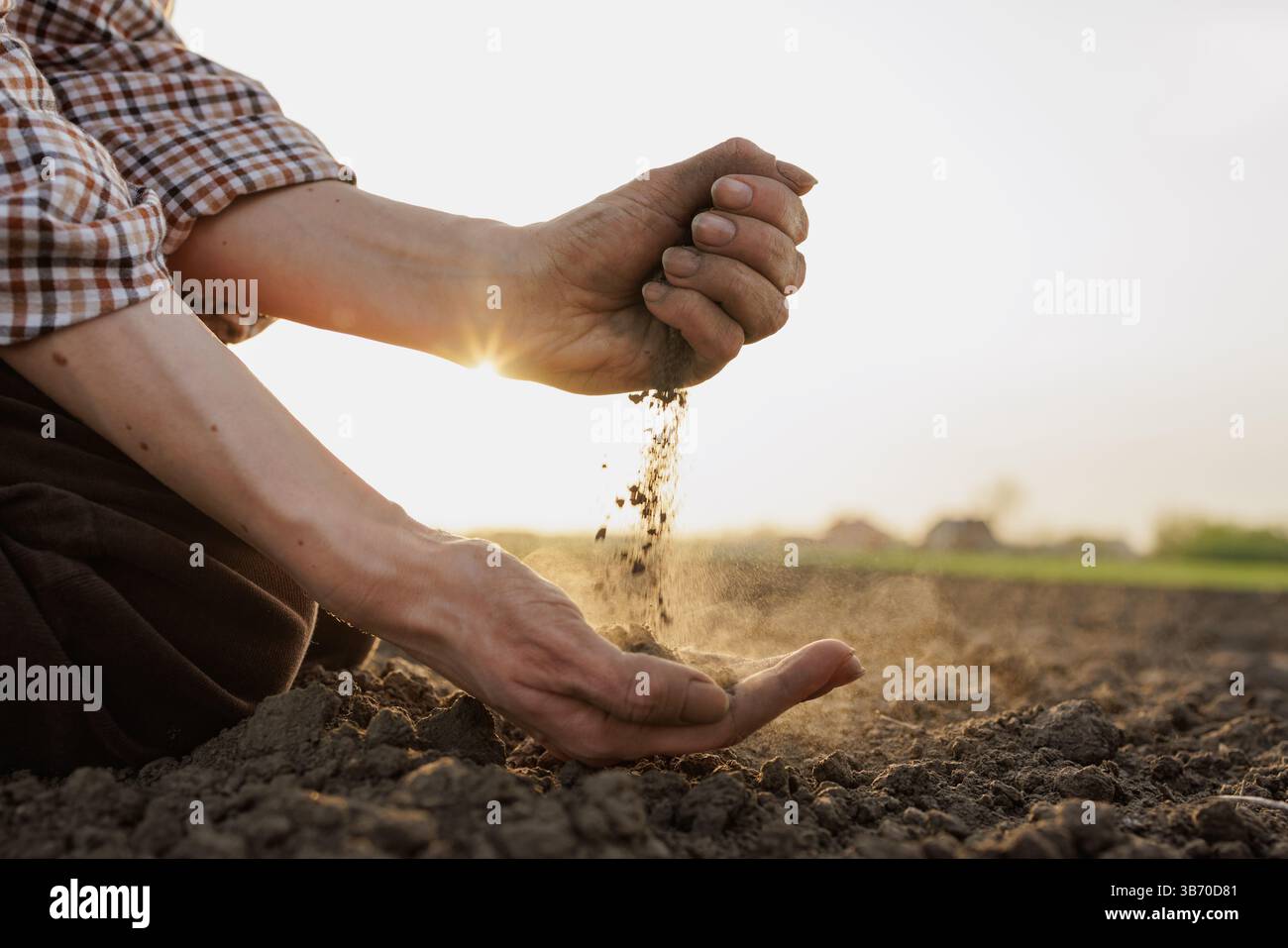 Close-up of farmer’s hands checking dry soil quality at sunrise ...