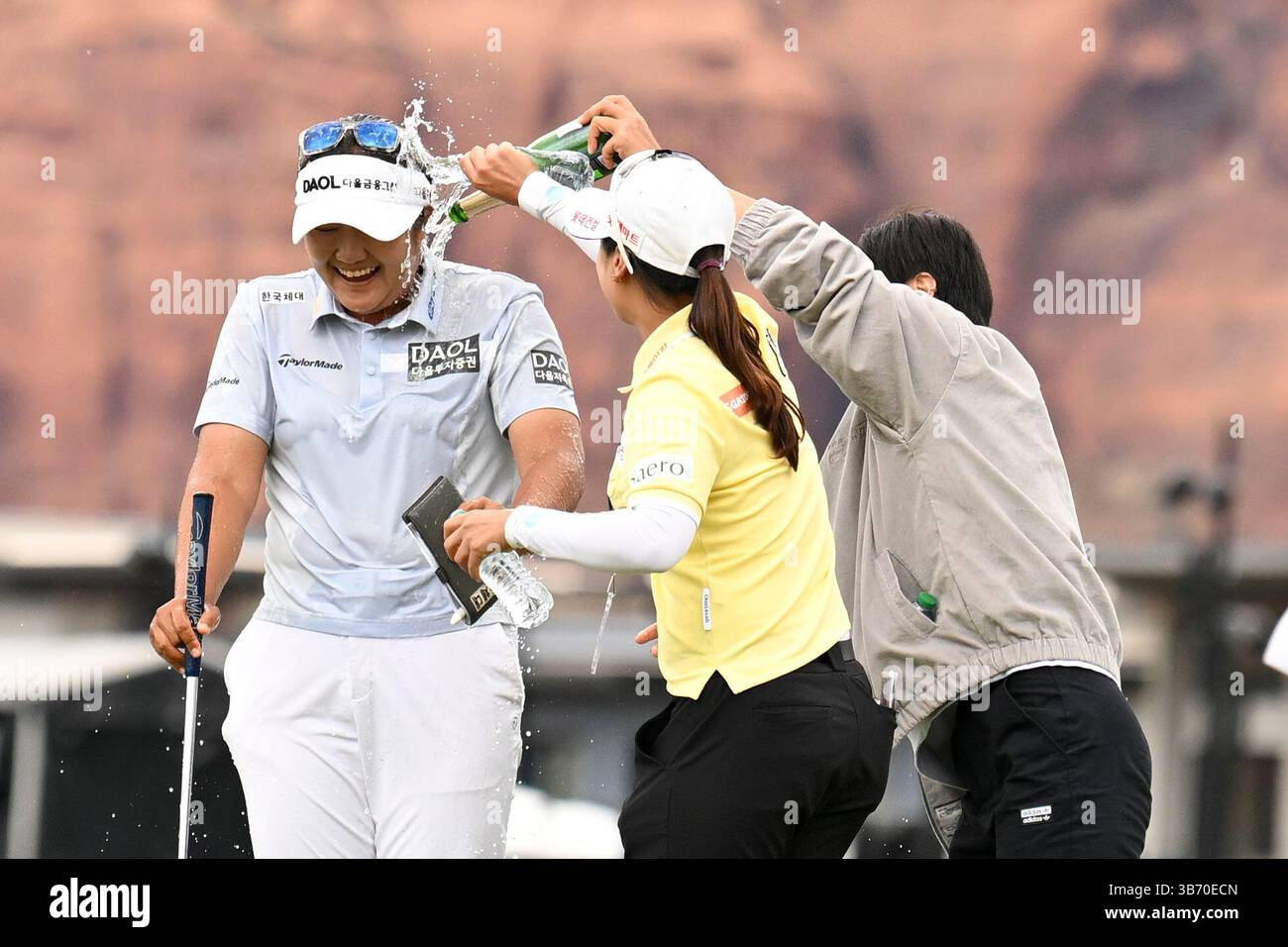 Haeran Ryu, left, of South Korea, is sprayed after winning the LPGA ...