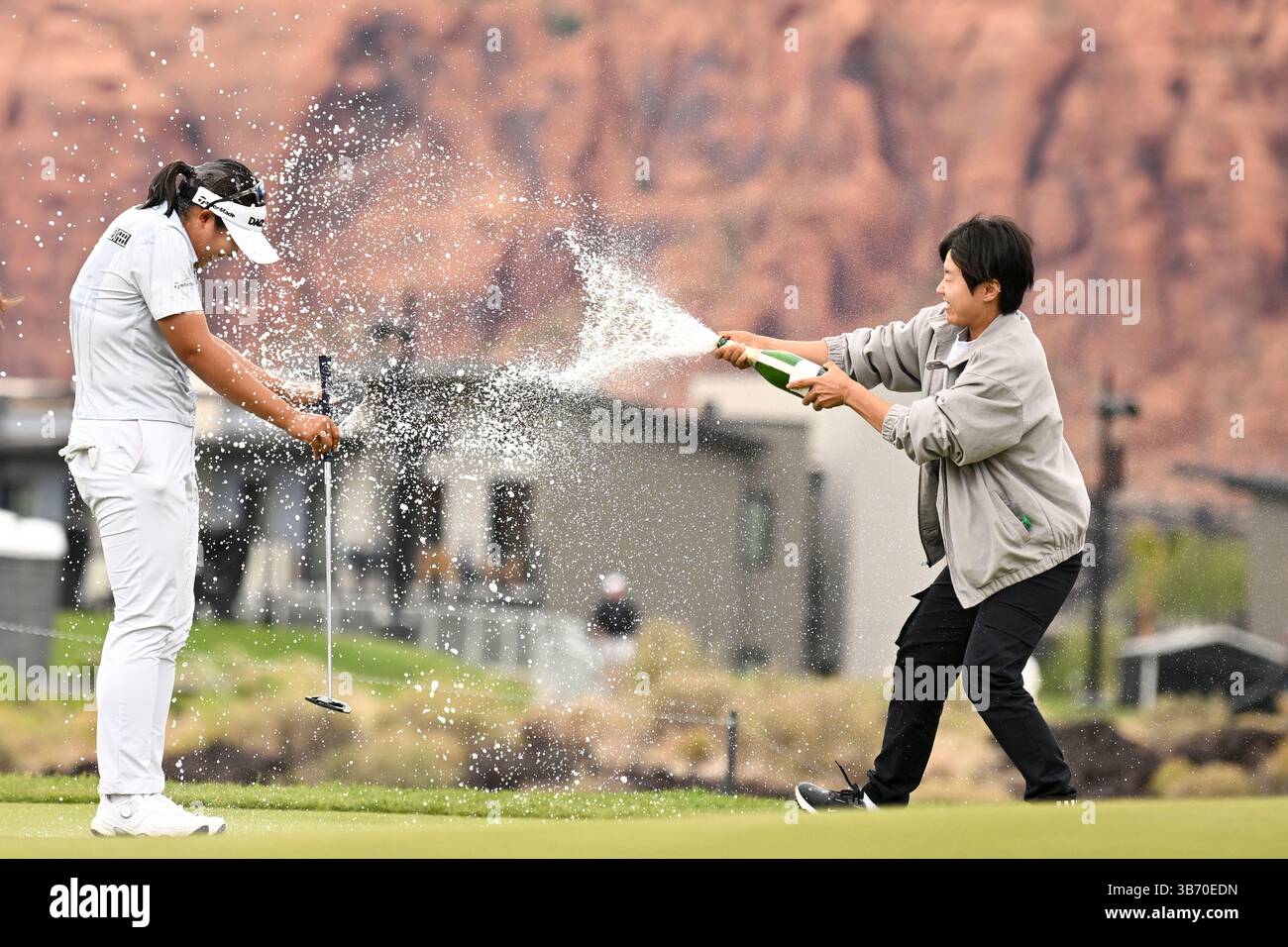 Haeran Ryu, left, of South Korea, is sprayed after winning the LPGA ...