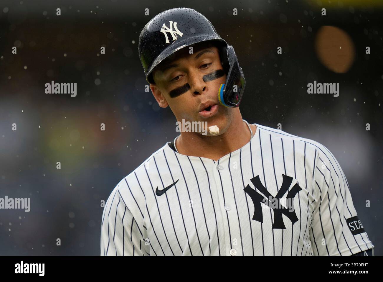 New York Yankees' Aaron Judge spits out his gum after striking out ...