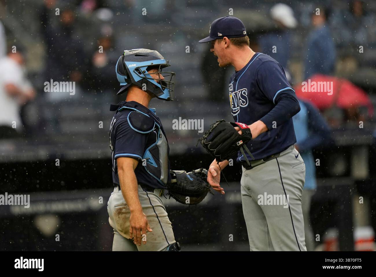 Tampa Bay Rays pitcher Pete Fairbanks, right, celebrates with catcher ...