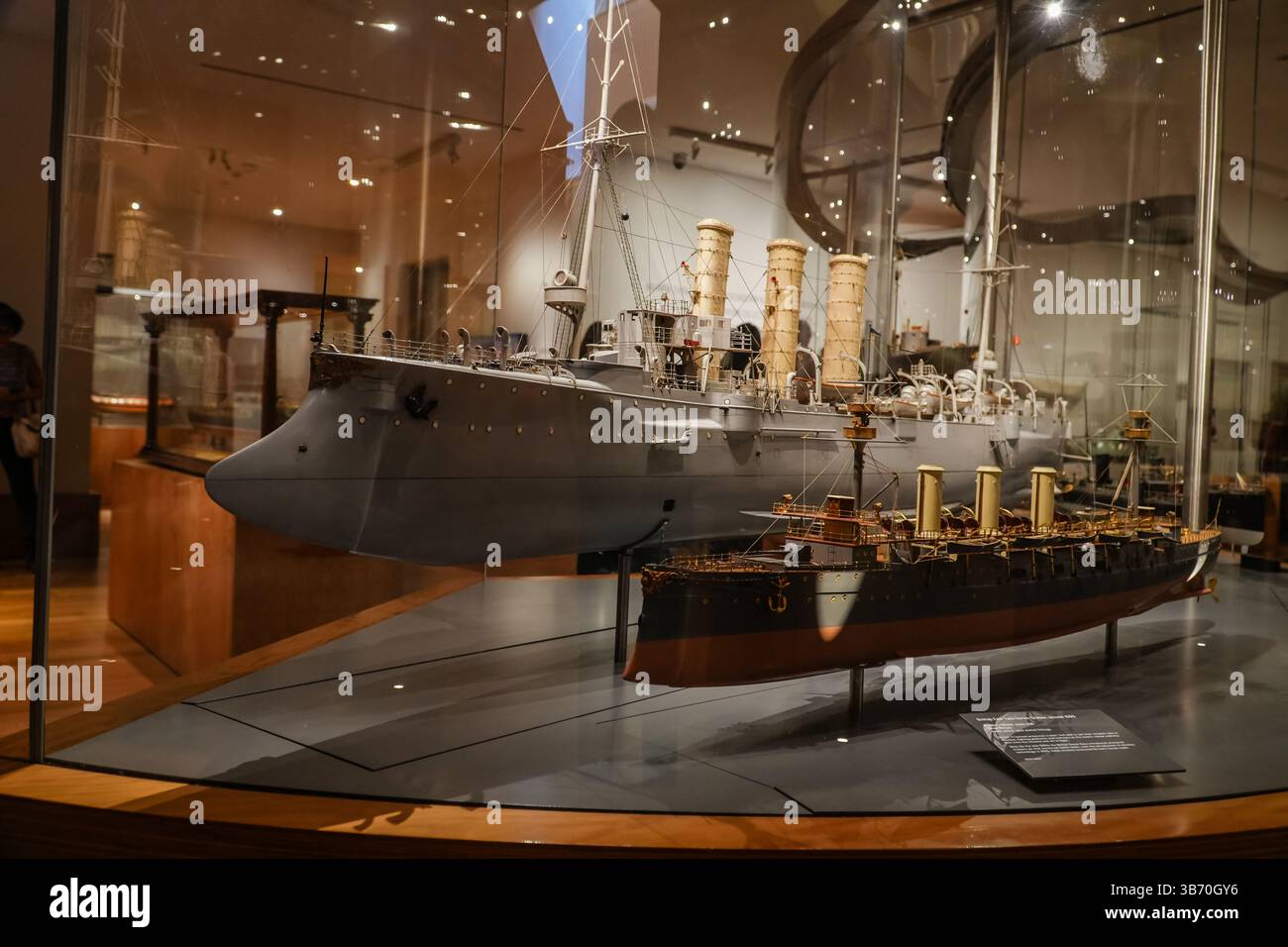 Ship models on display in a museum exhibit case. Focus on the details ...