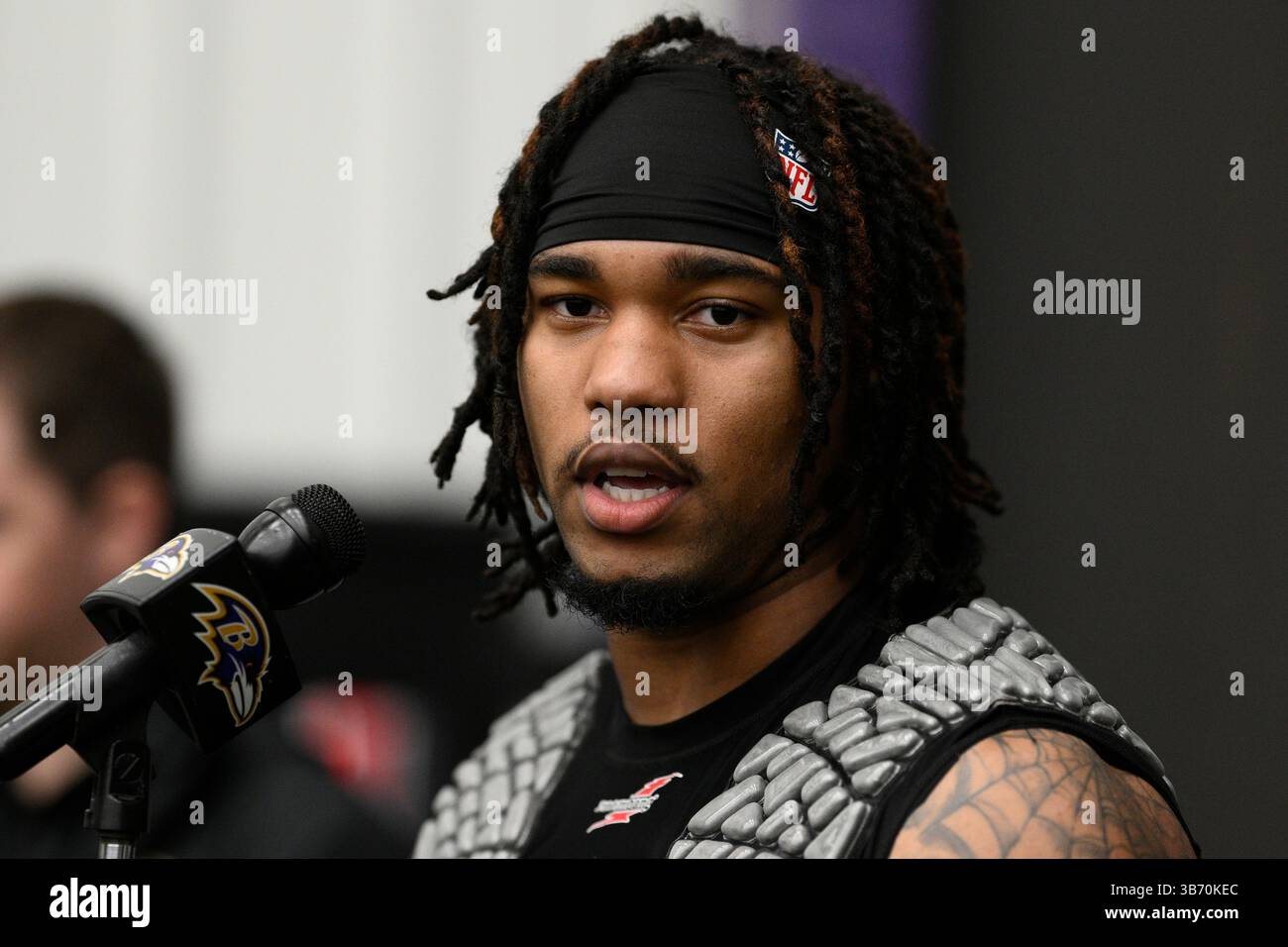 Baltimore Ravens linebacker Mike Green talks to the media after an NFL ...