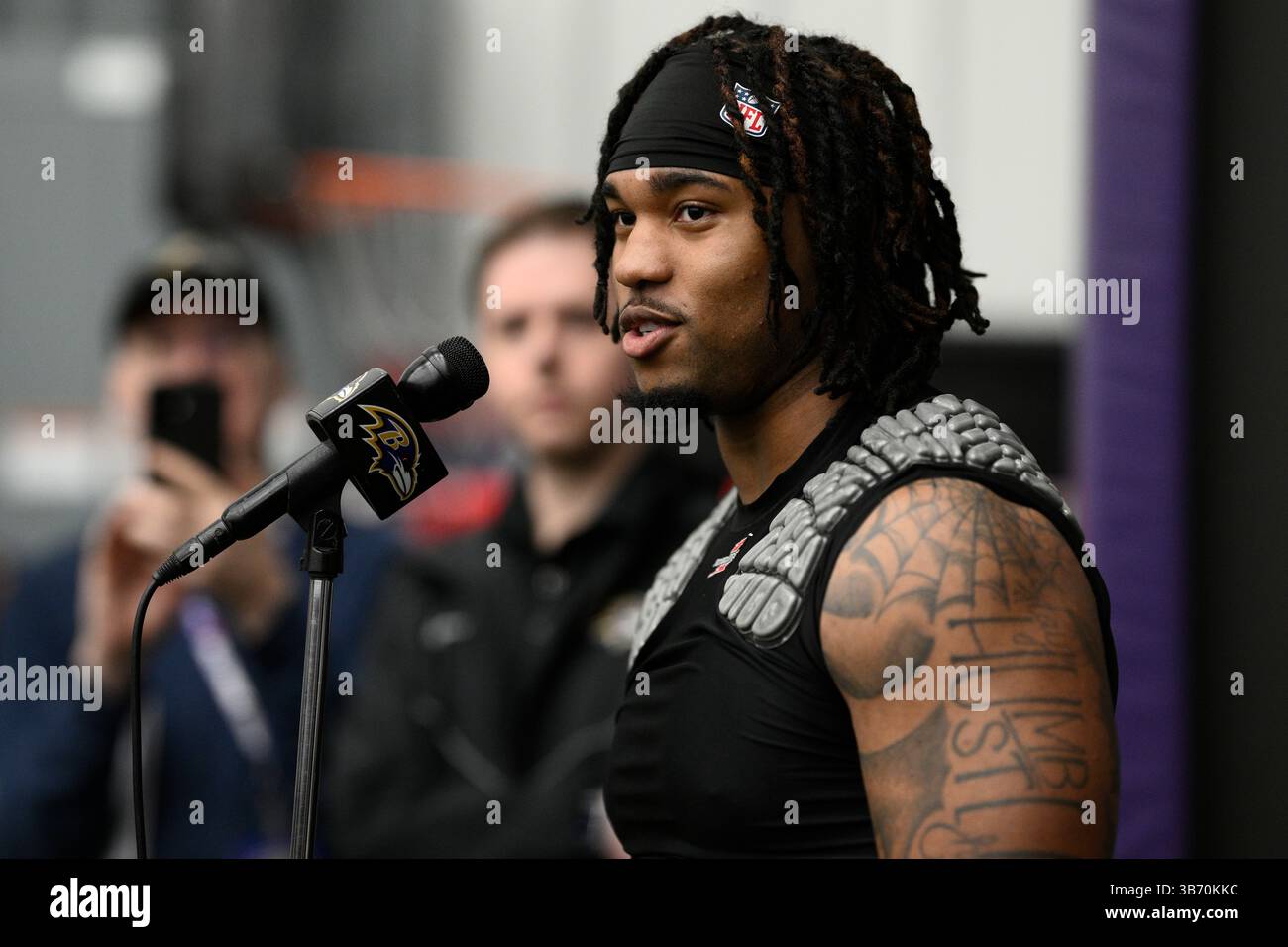 Baltimore Ravens linebacker Mike Green talks to the media after an NFL ...