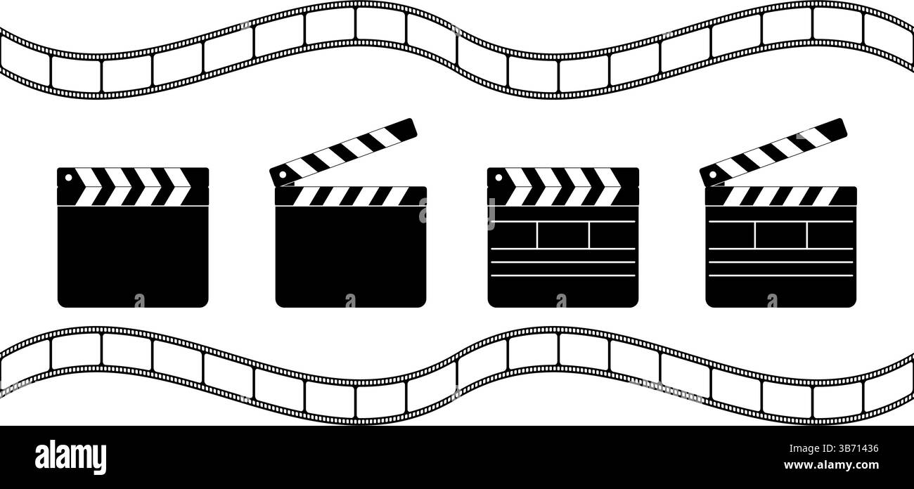 Clapper board icons and wavy film strips isolated on white background ...