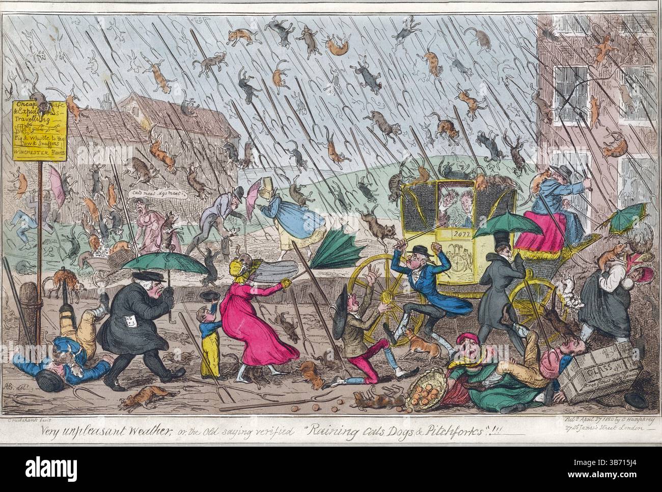 A funny humorous cartoon print coloured engraving of very unpleasant ...
