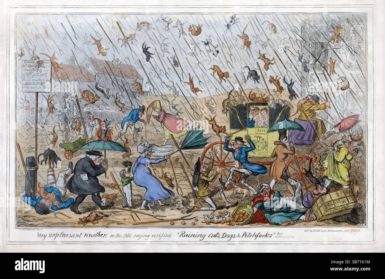 A funny humorous cartoon print coloured engraving of very unpleasant ...