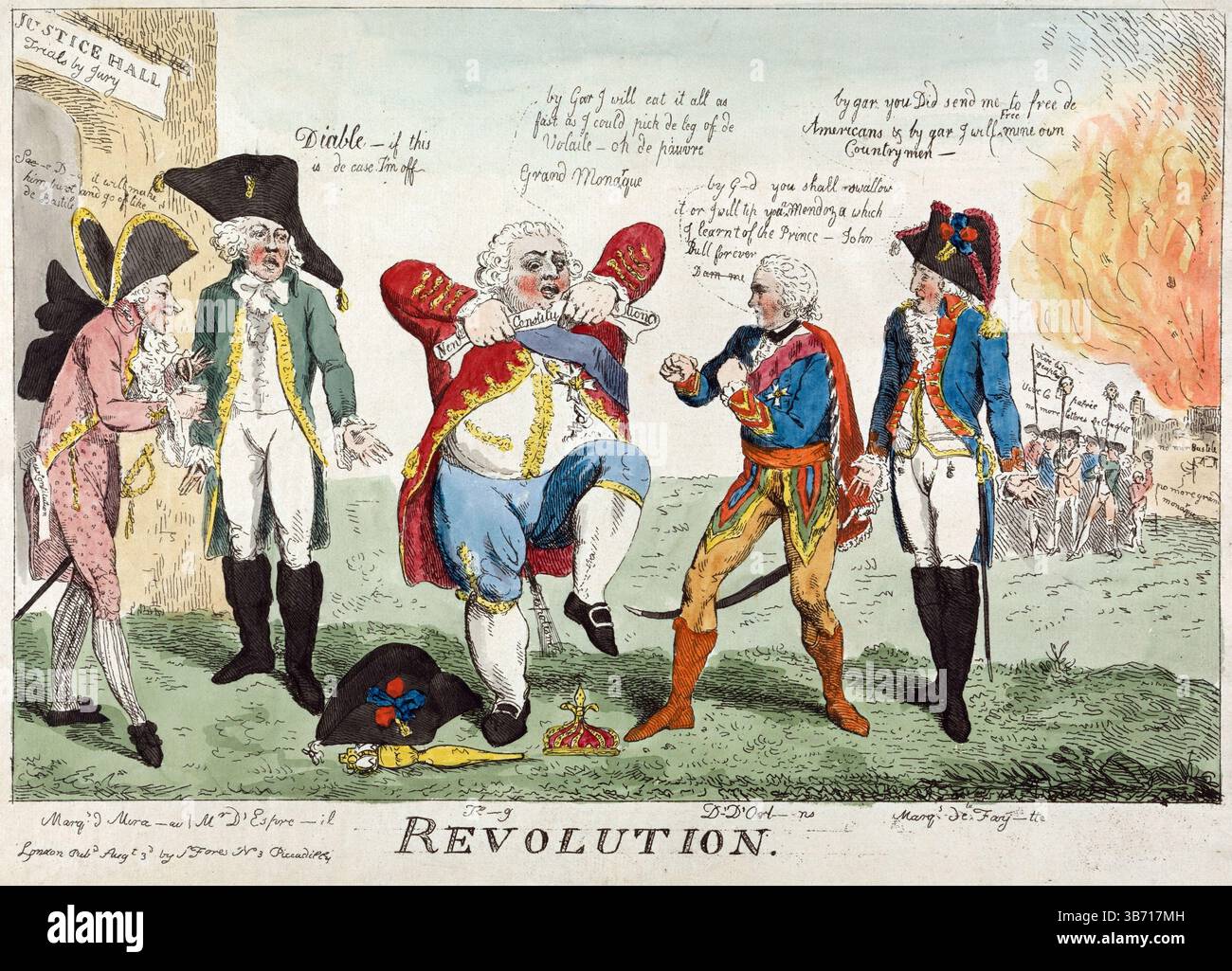 A funny humorous cartoon print coloured engraving of Revolution 1790 ...