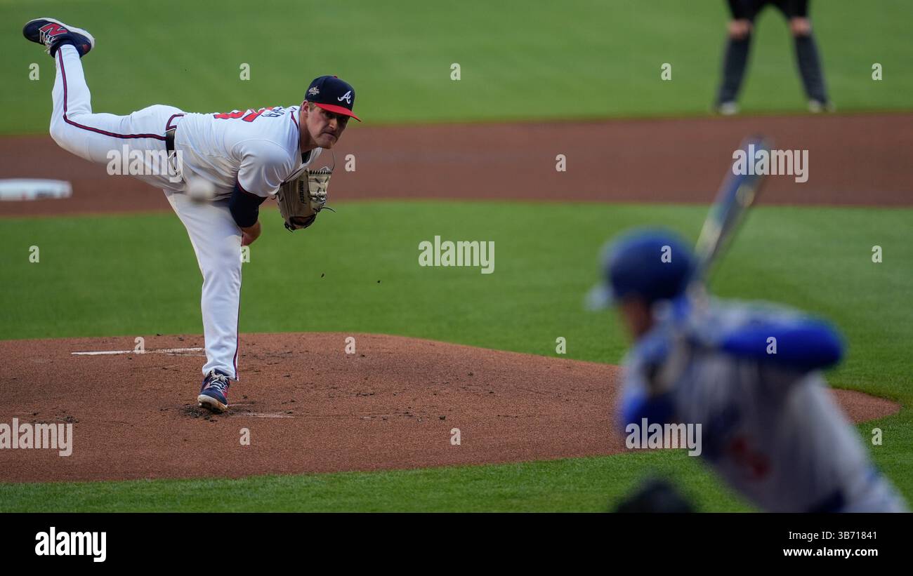 Atlanta Braves pitcher Bryce Elder (55) deleviers to Los Angeles ...