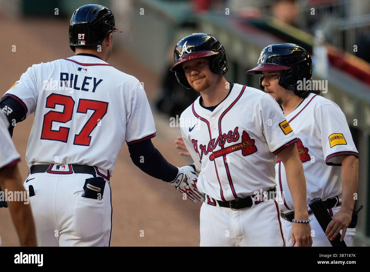 Atlanta Braves third baseman Austin Riley (27) celebrates after hitting ...