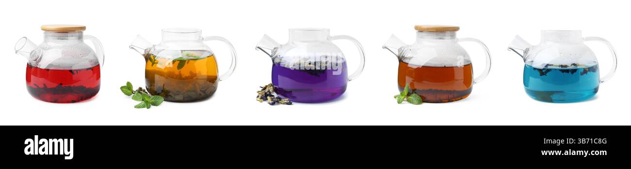 Different types of tea in glass teapots isolated on white, set Stock ...