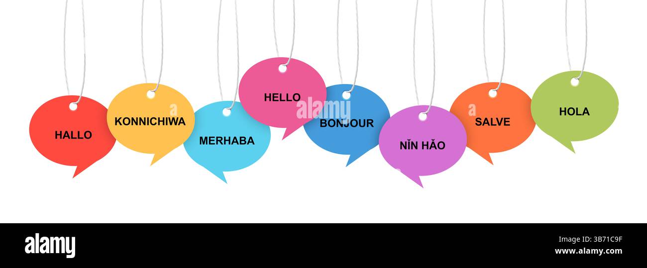 Paper speech bubbles with greetings in different languages hanging on ...