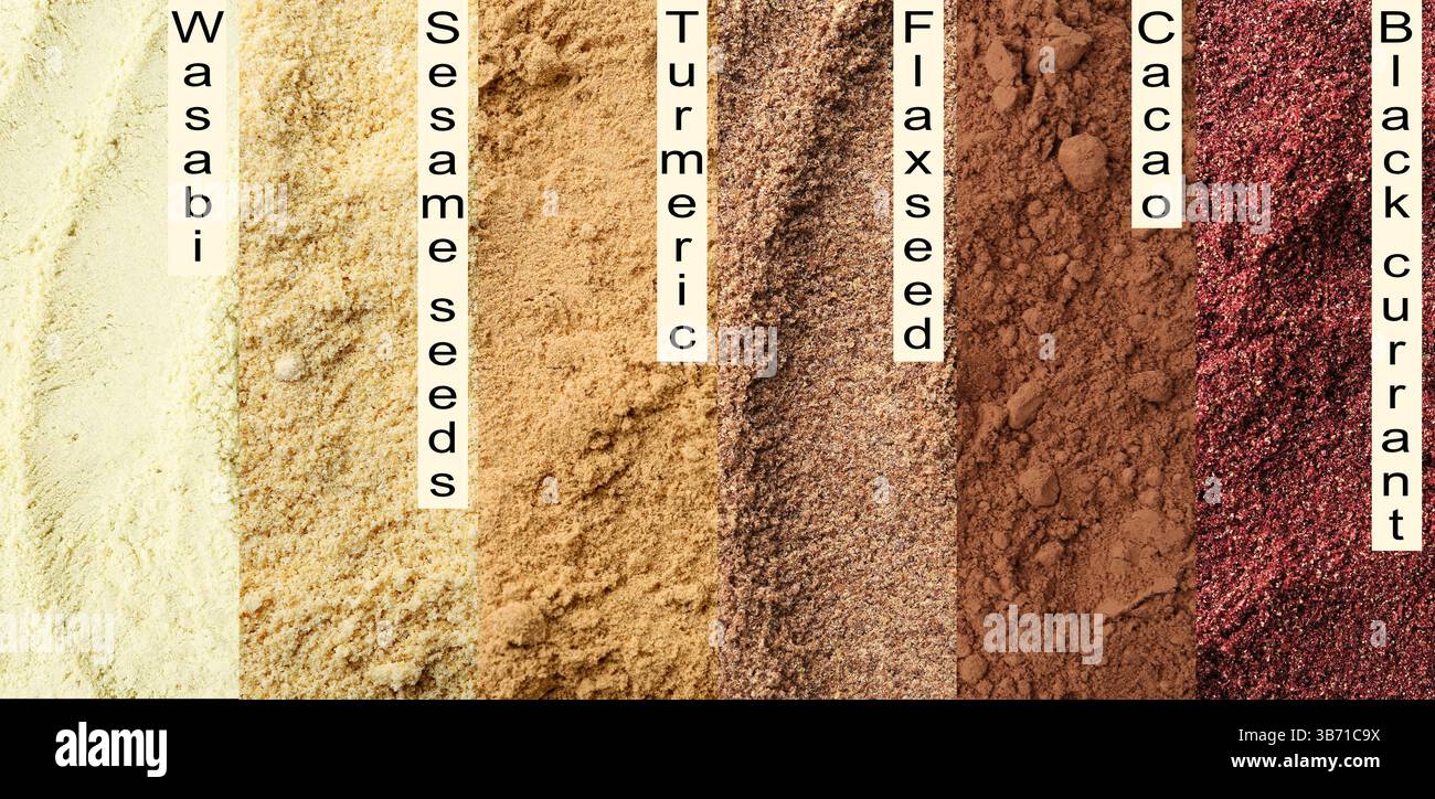Different superfood powders with names as background, collage. Banner ...