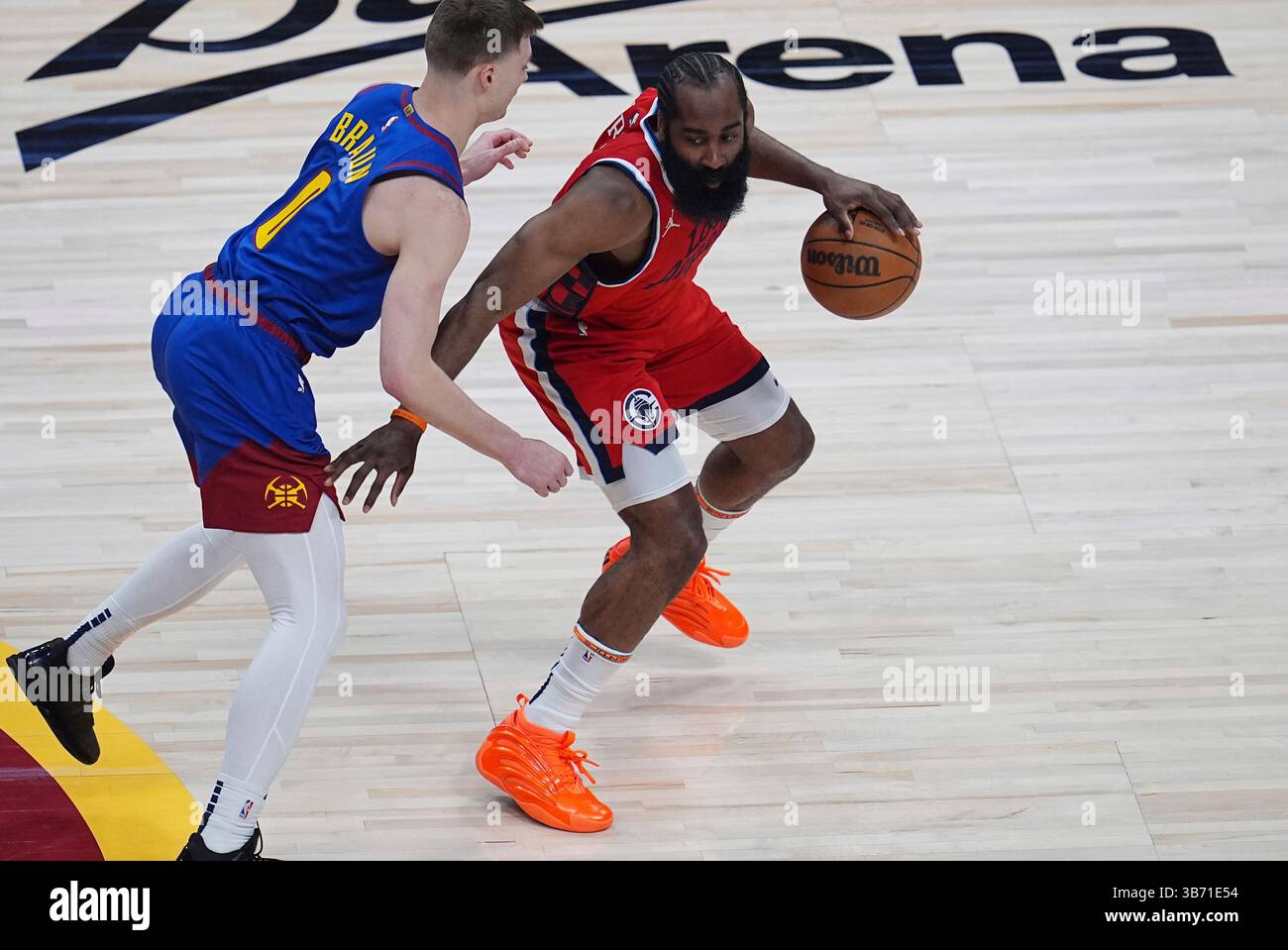 Denver Nuggets guard Christian Braun (0) and Los Angeles Clippers guard ...