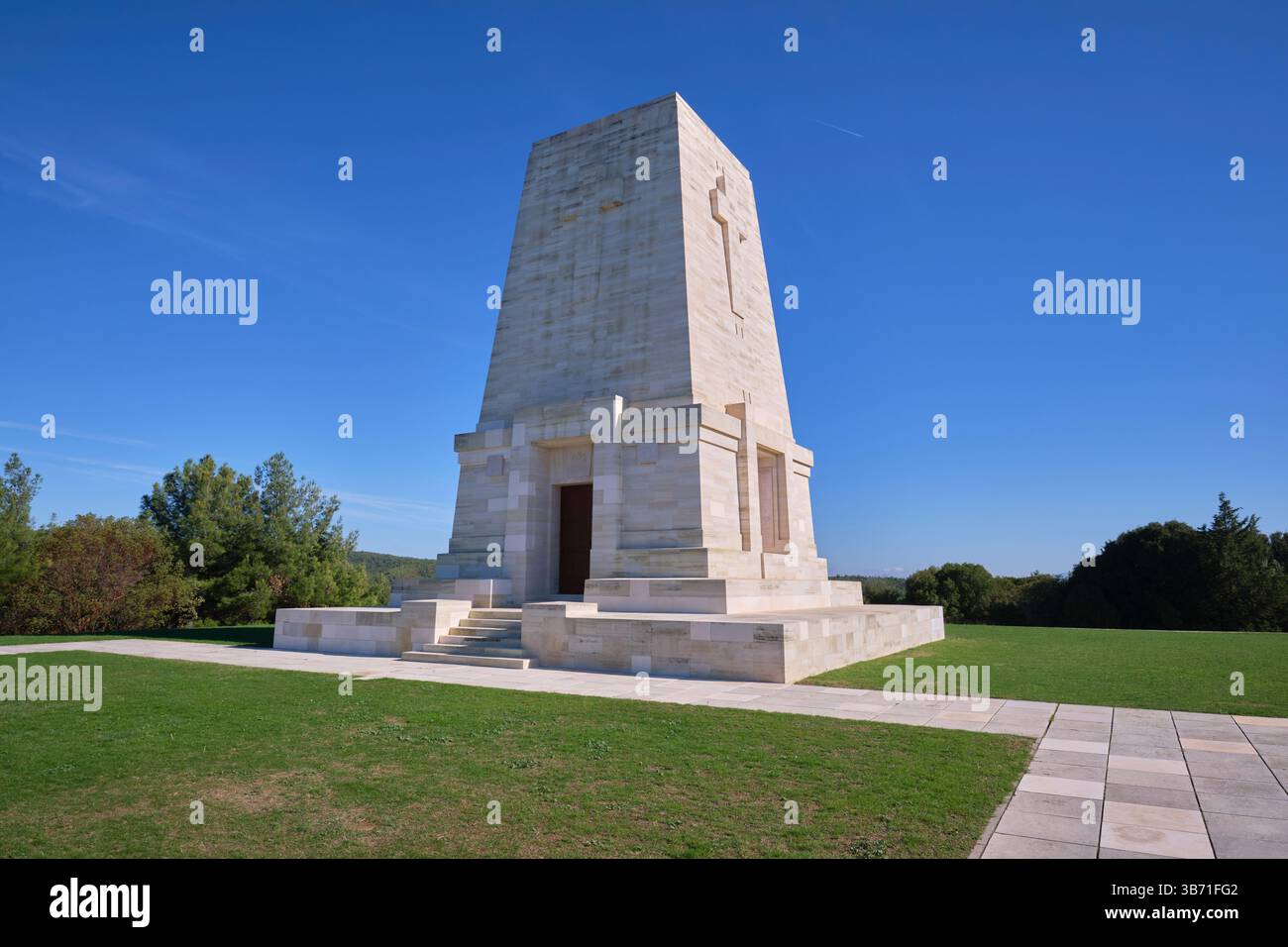 View of the large, white marble stele, monument at the head of the ...