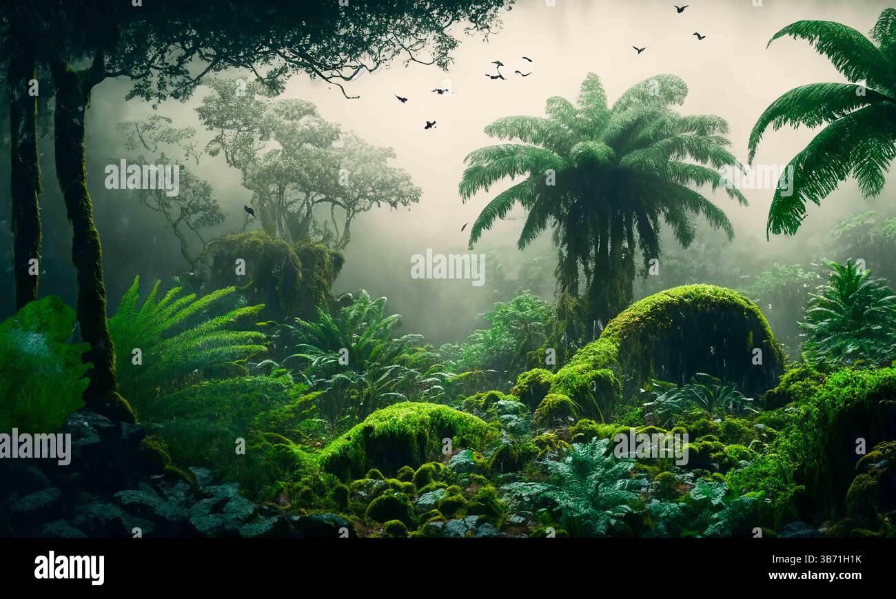 Amazon rainforest with rain fog palm trees ferns xaxim in an idyllic ...