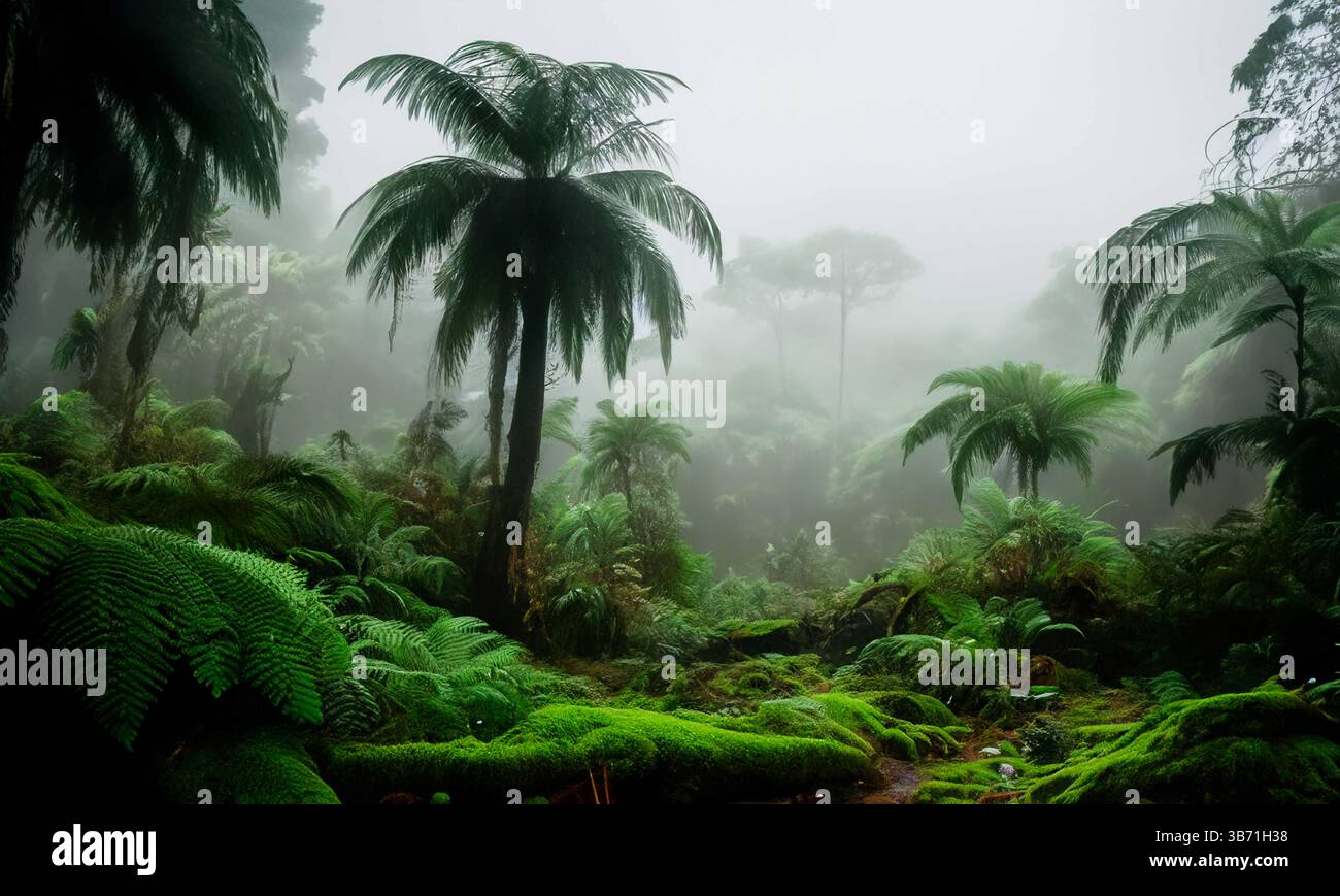 Amazon rainforest with rain fog palm trees ferns xaxim in an idyllic ...