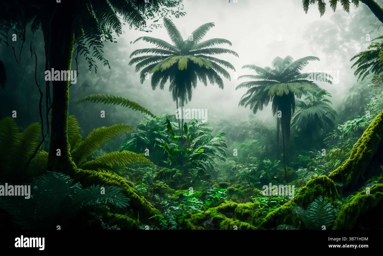 Amazon rainforest with rain fog palm trees ferns xaxim in an idyllic ...