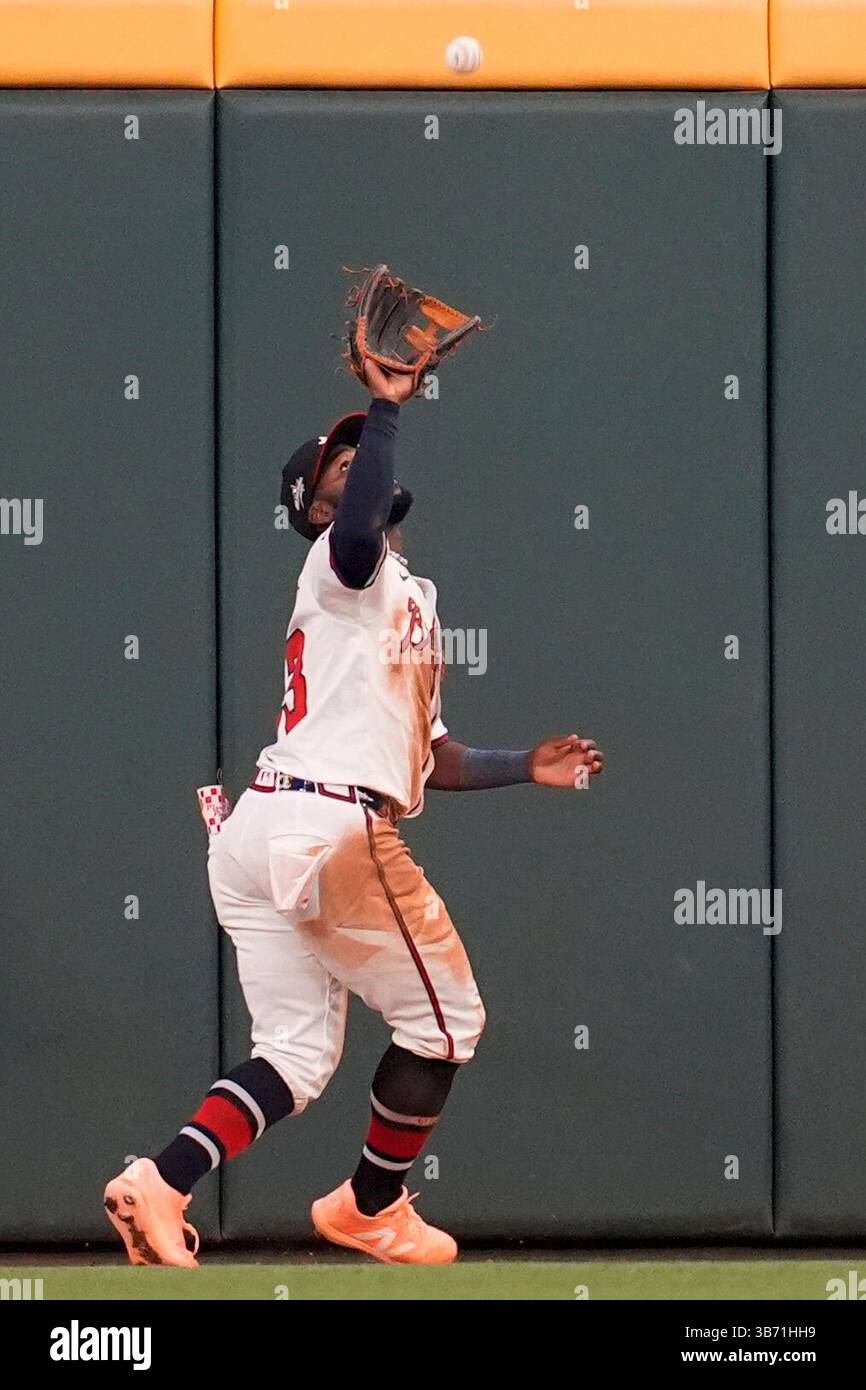 Atlanta Braves outfielder Michael Harris II (23) makes the catch for the out against Los Angeles ...