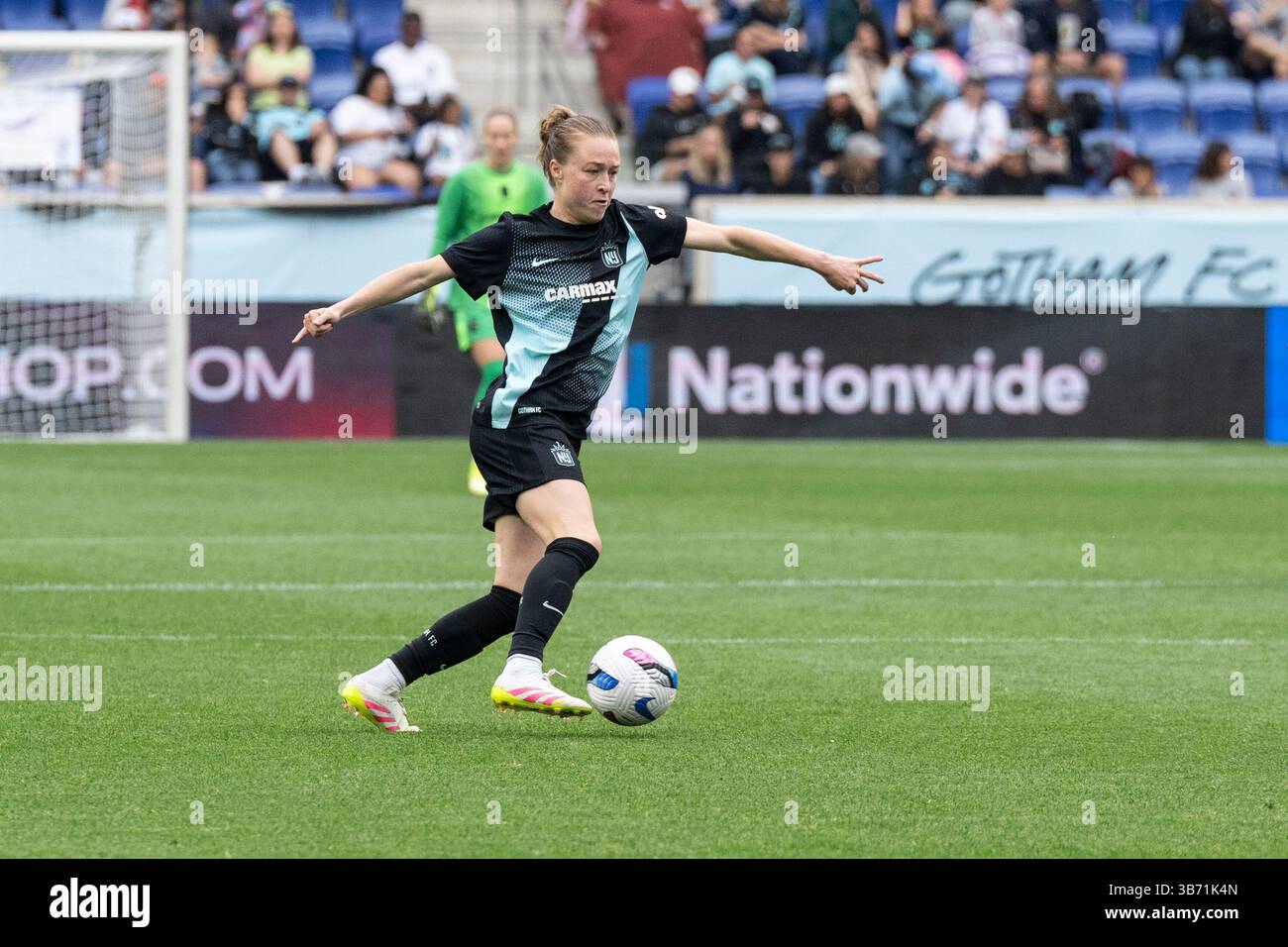 Harrison, NJ, May 4, 2025: Emily Sonnett (6) of Gotham FC controls ball ...