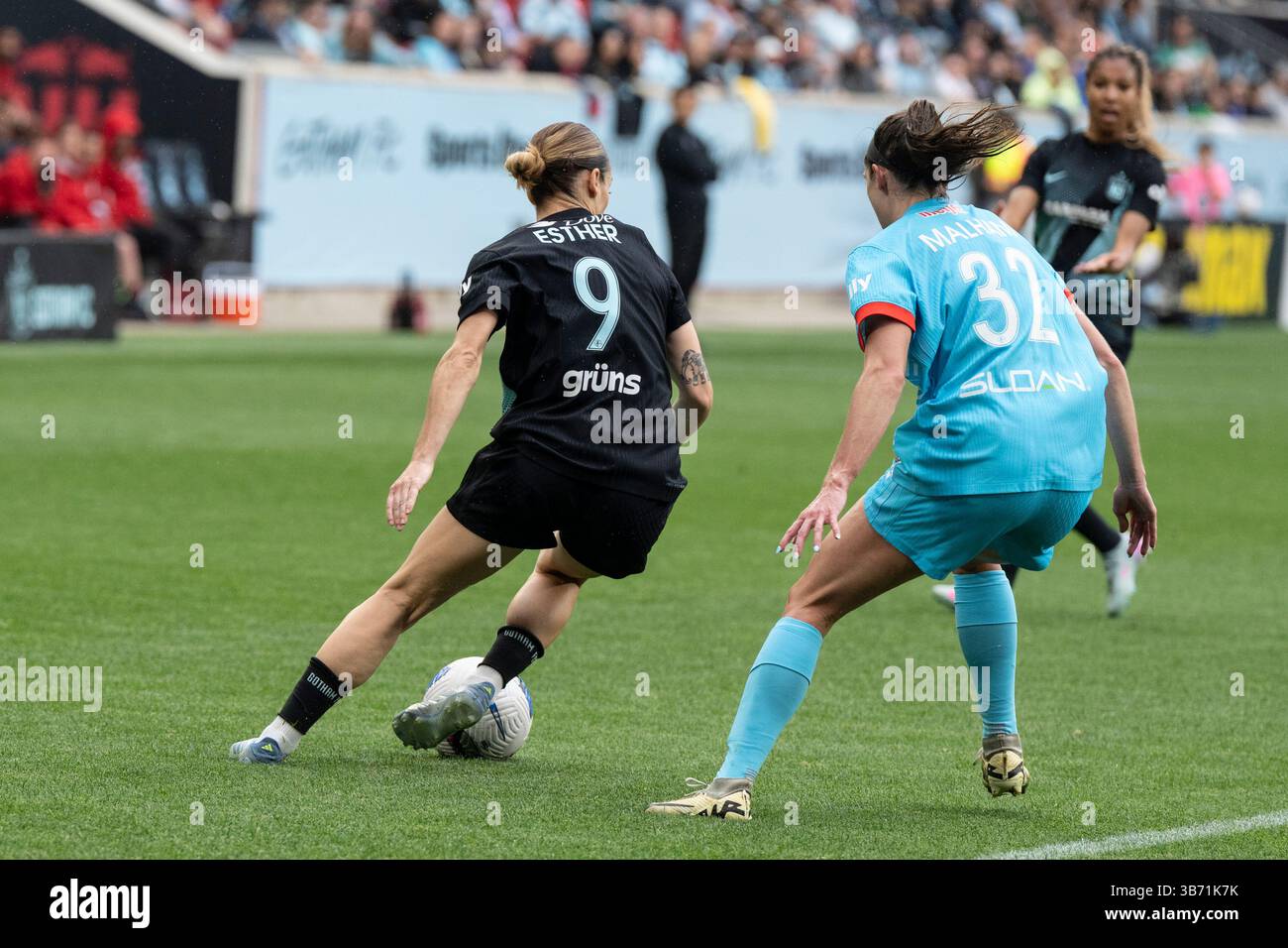 Harrison, NJ, May 4, 2025: Esther Gonzalez (9) of Gotham FC controls ...