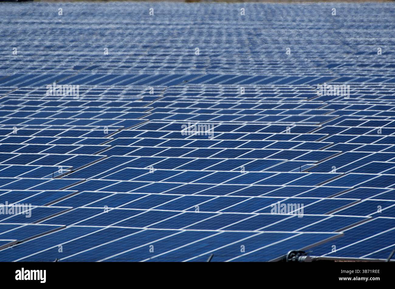 The Macho Springs Renewable Energy Facility, with both solar panels and large windmills, near ...