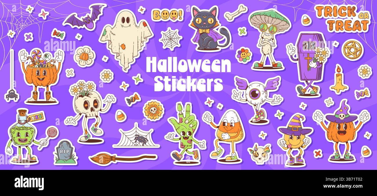 Cartoon stickers pack of groovy Halloween characters, monsters and ...