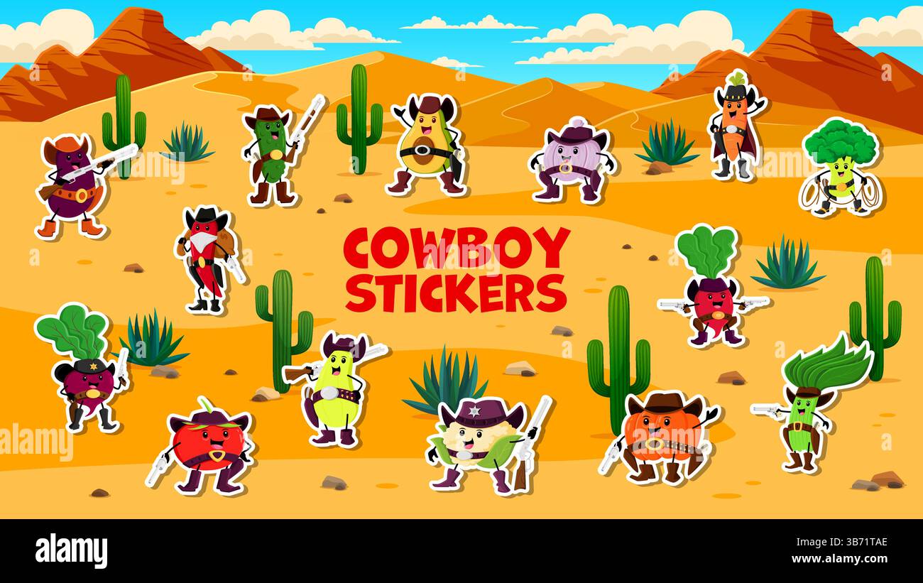 Cartoon cowboy, bandit and sheriff vegetable characters stickers ...