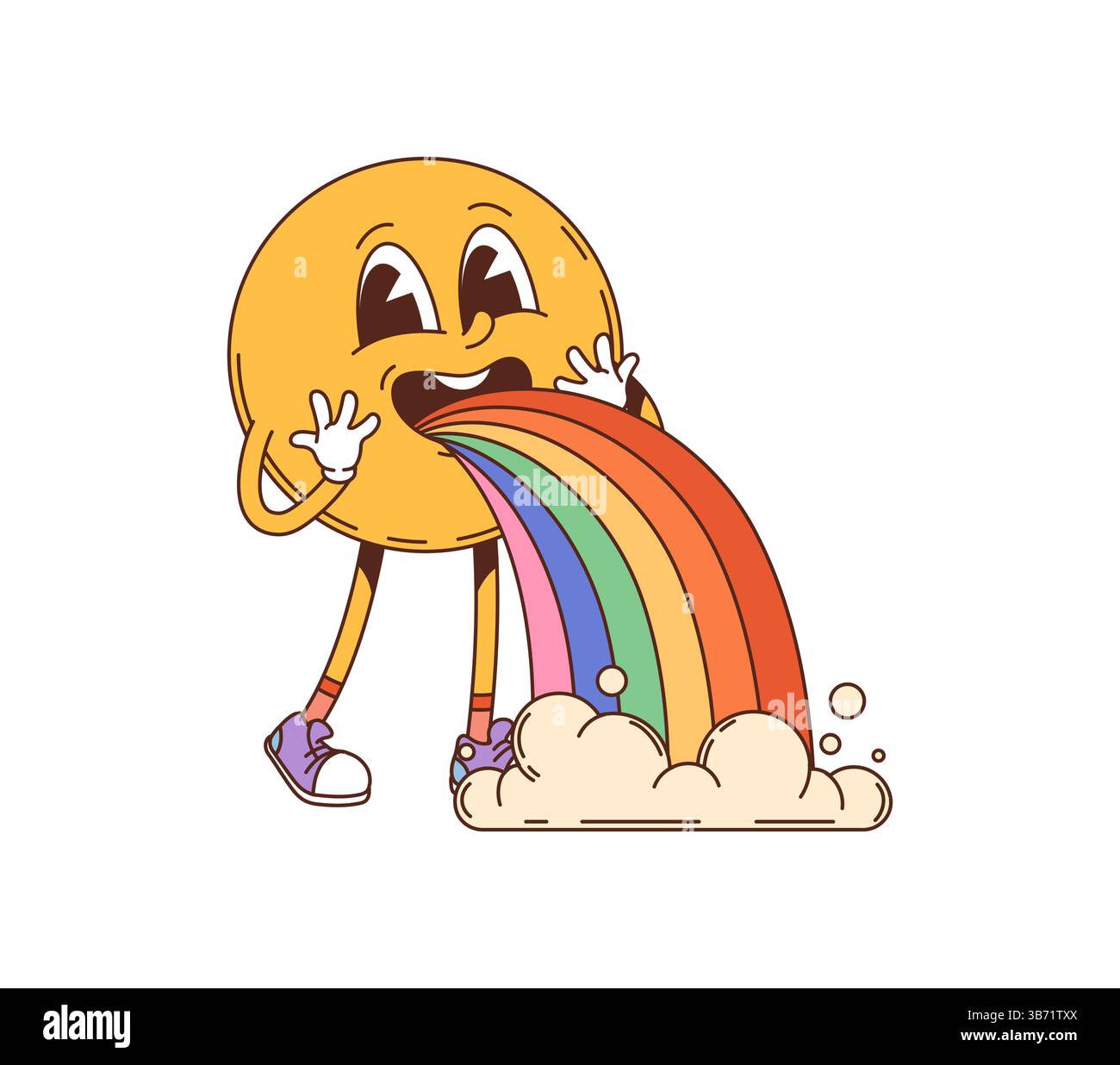 Cartoon retro groovy emoji smile vomiting rainbow with funny face ...