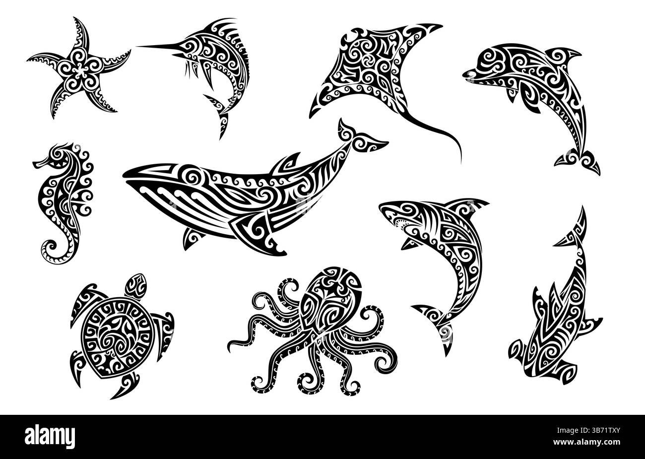 Tribal sea animal Maori tattoo set featuring black silhouettes of ocean ...