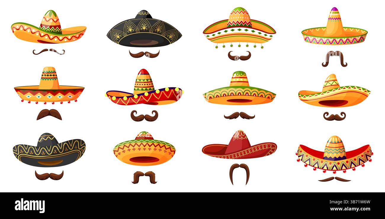 Mexican cowboy sombrero hats with moustaches. Isolated cartoon vector ...