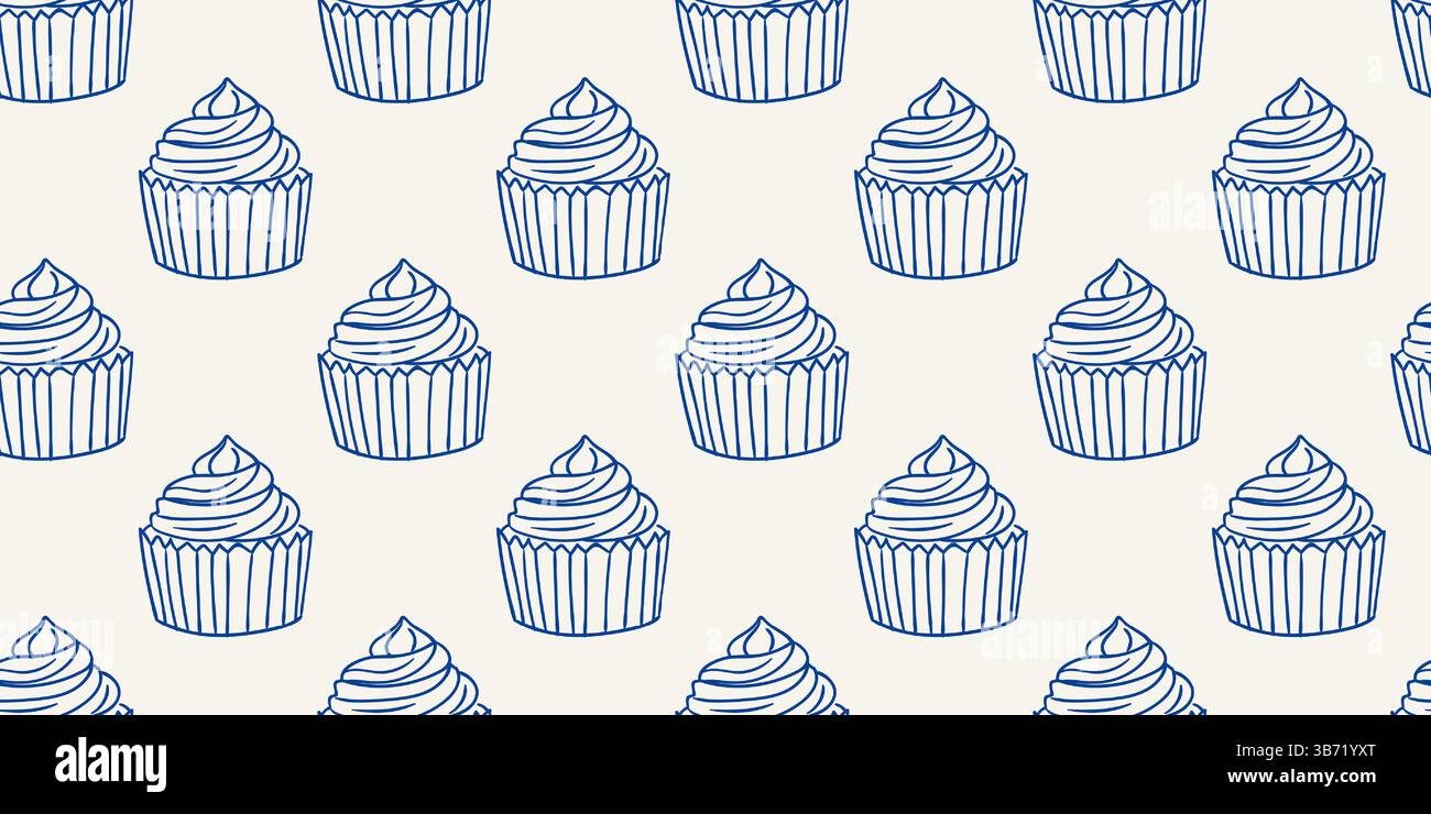 Detailed blue line art of cupcakes displayed in a repeating pattern on ...