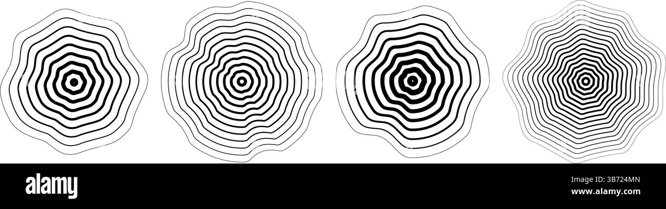 Black concentric rippled circle set. Dotted and dashed round sound wave ...