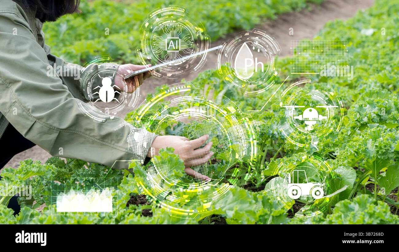 Smart farming agriculture concept.hand holding young plants with graphic concepts of modern ...