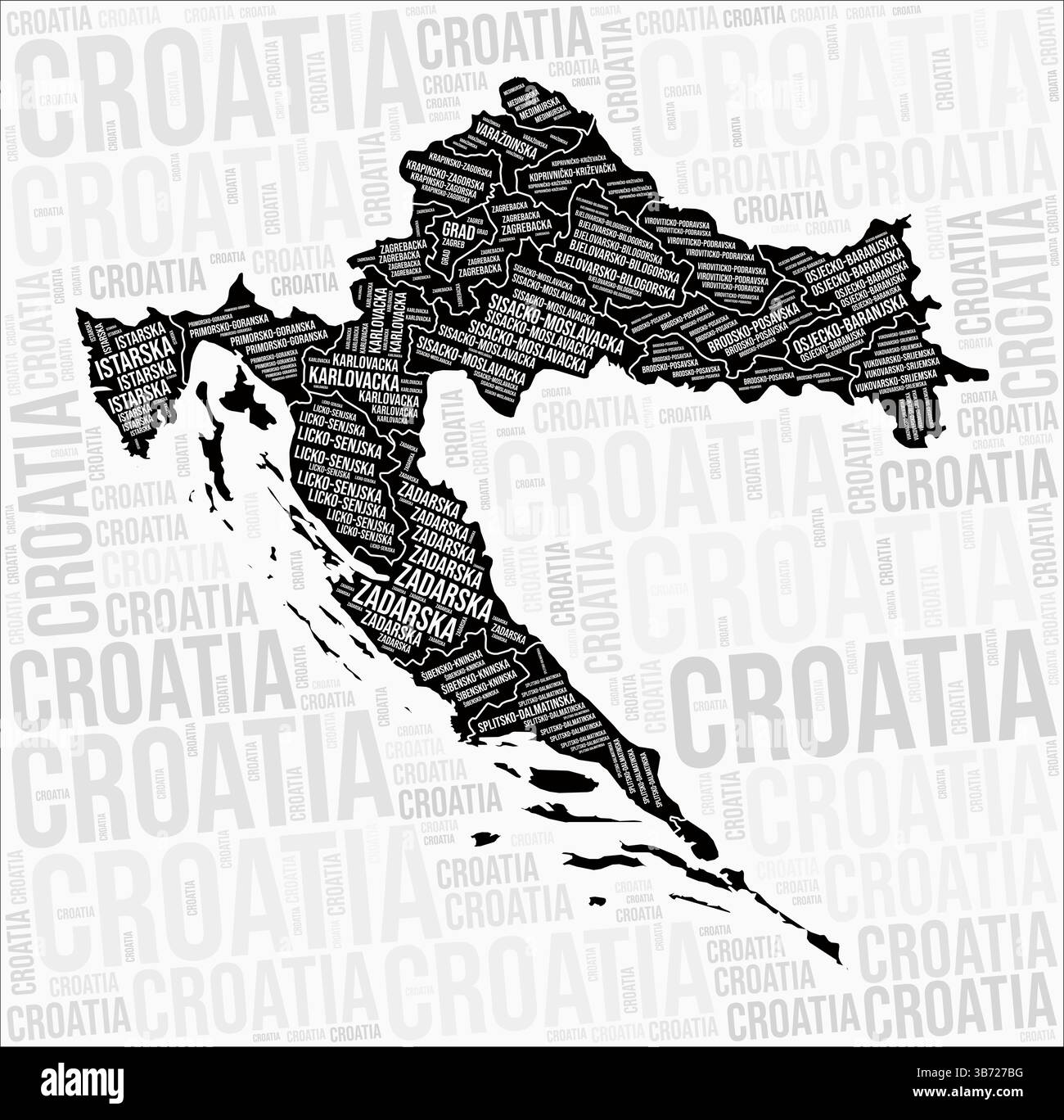 Croatia regions map word cloud. Croatia region names. Black and white ...