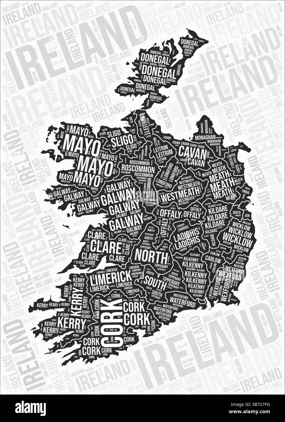 Ireland regions map word cloud. Ireland region names. Black and white ...