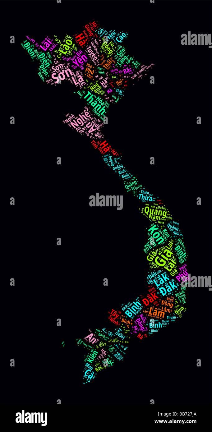 Vietnam Regions Word Clouds. Bright neon style design on dark ...