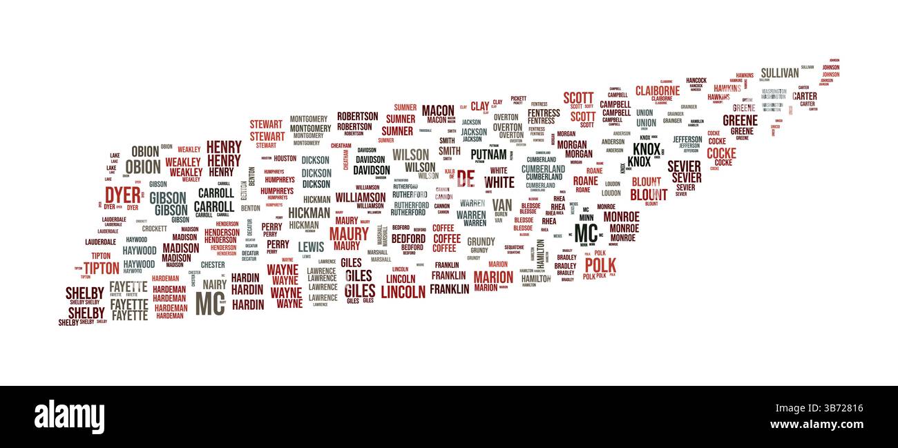 Tennessee Word Cloud. State shape with county division. Tennessee ...