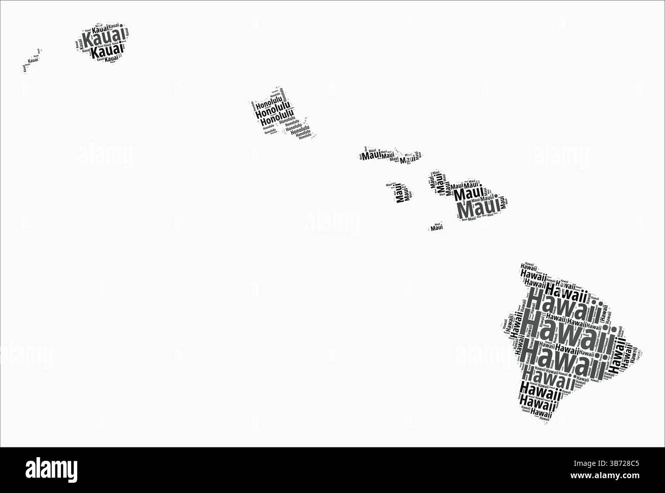 Hawaii text style counties. State region names word clouds in English ...